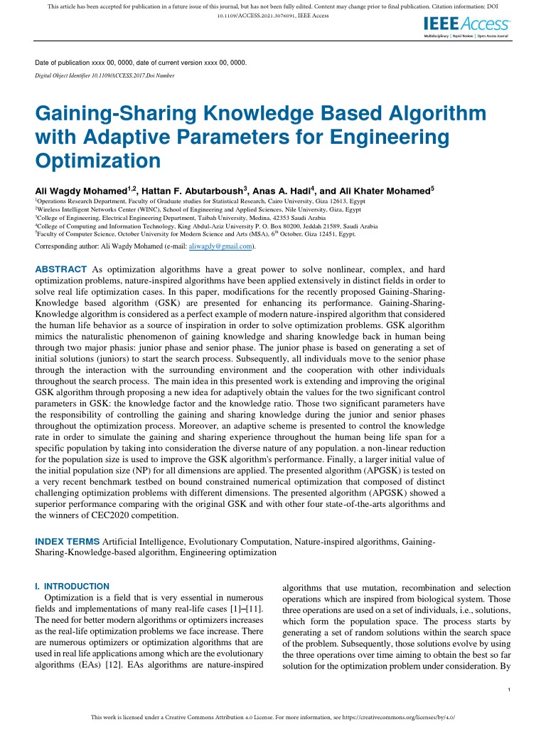 Gaining-Sharing Knowledge Based Algorithm With Adaptive Parameters For Engineering Optimization ...