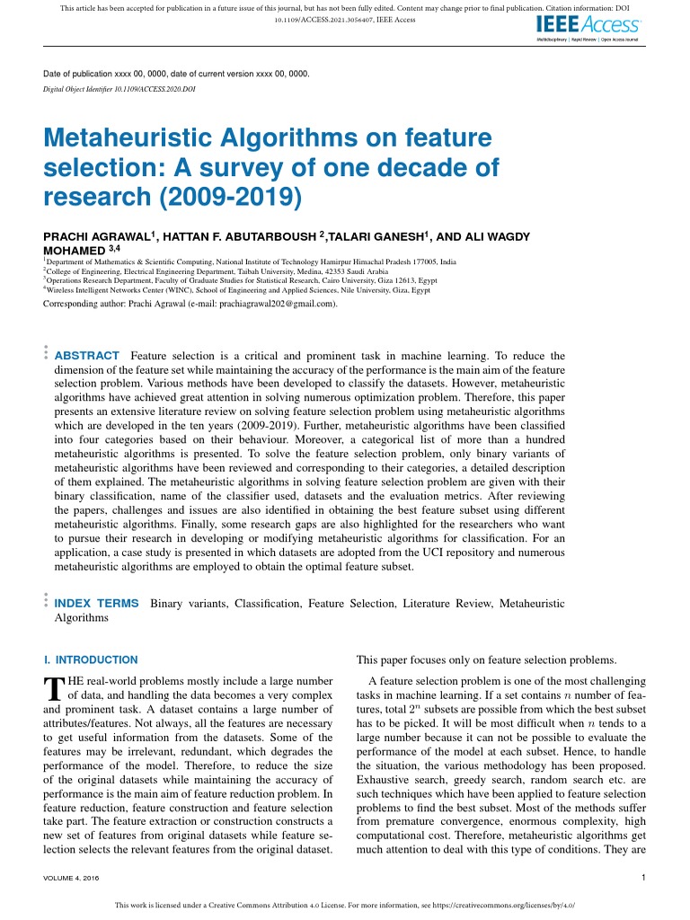 Metaheuristic Algorithms On Feature Selection A Survey Of One Decade Of Research 2009 2019