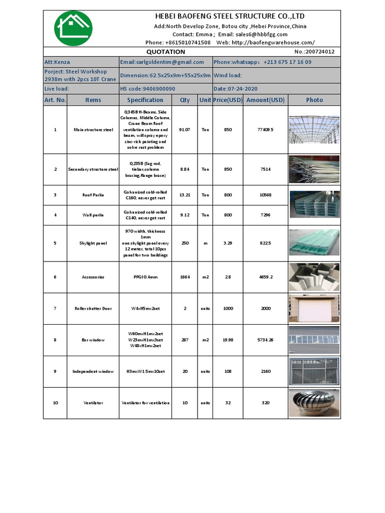 Baofeng Quotation For Steel Workshop 2938m2 - Emma 20200724 | PDF ...