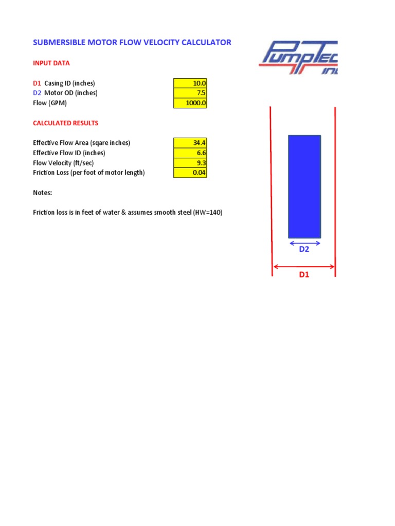 Submersible Motor Flow Velocity Calculator: Input Data | PDF