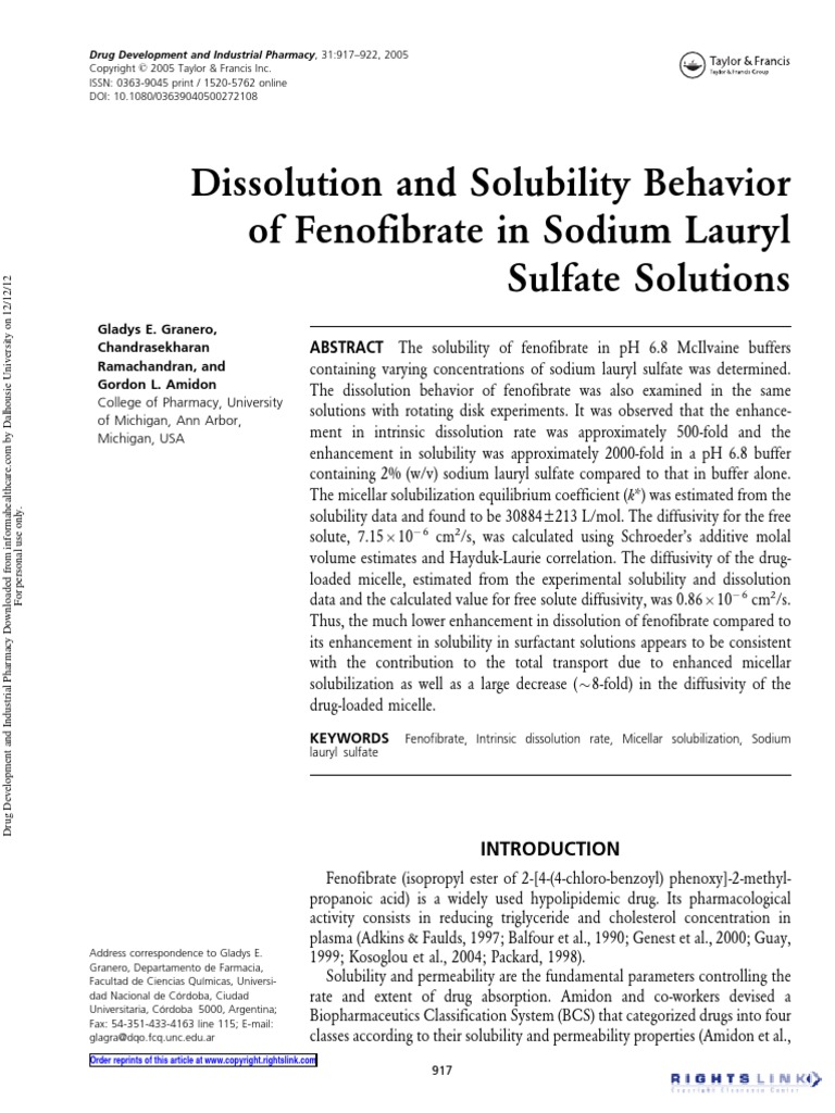 Dissolution and Solubility Behavior of Fenofibrate in Sodium Lauryl ...