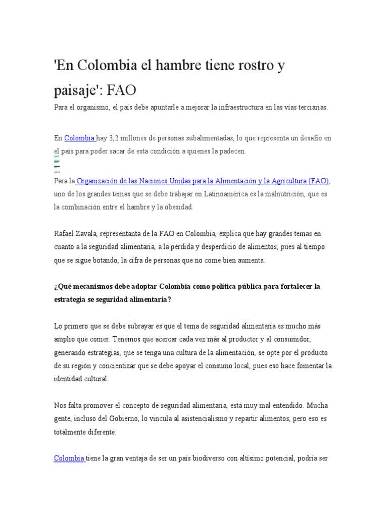 En Colombia El Hambre Tiene Rostro Y Paisaje Pdf Organización De