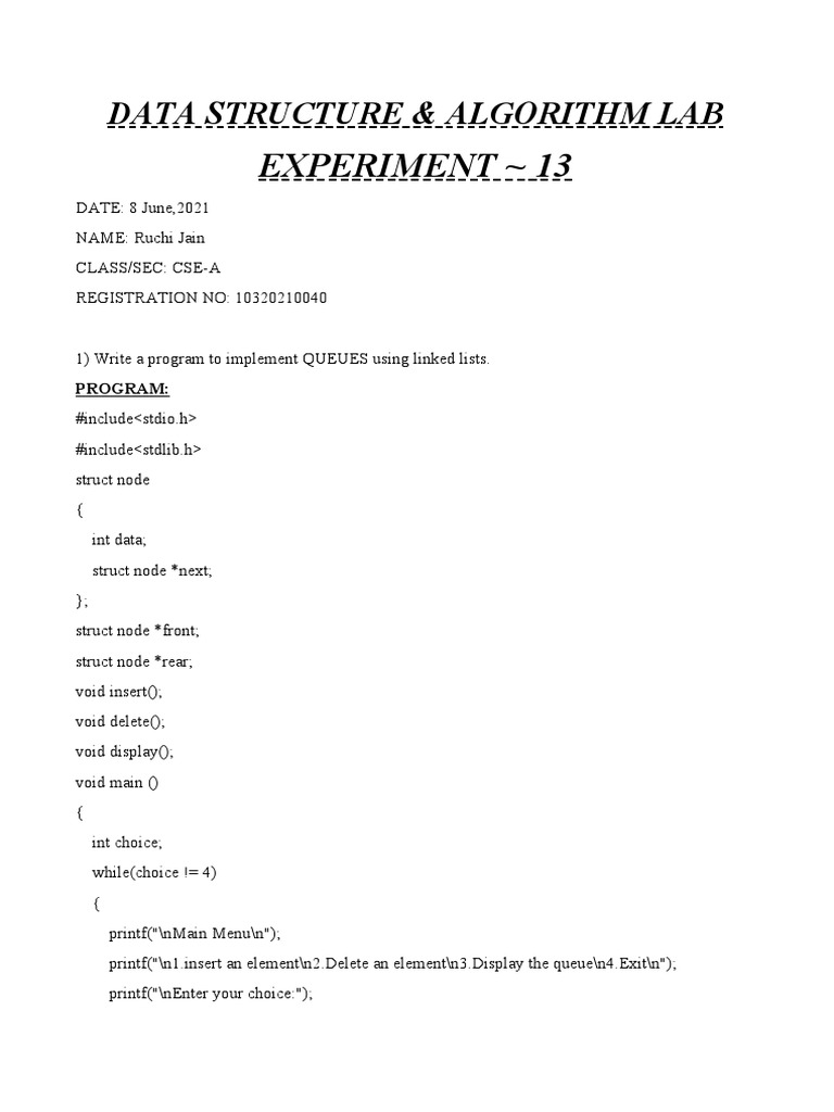 Experiment 13: Data Structure & Algorithm Lab | PDF | Queue (Abstract ...