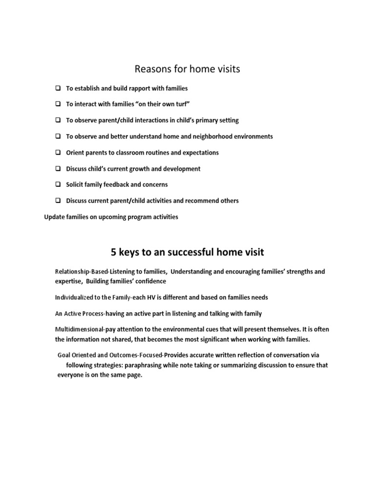 Reasons For Home Visits: 5 Keys To An Successful Home Visit | PDF