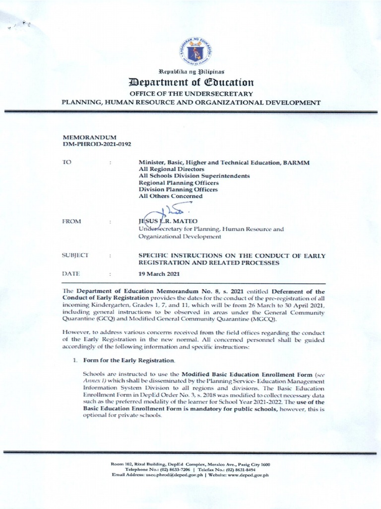 Memorandum Early Registration 0001 | PDF