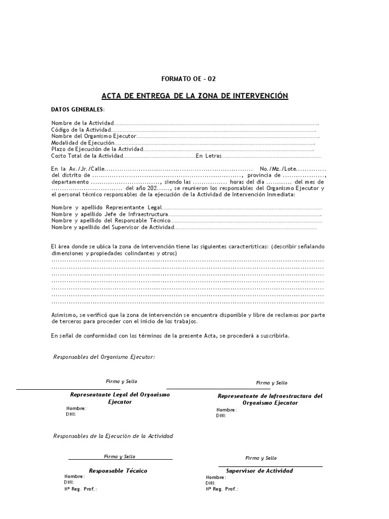 Formato Oe-02 Acta de Entrega de La Zona de Intervención | PDF
