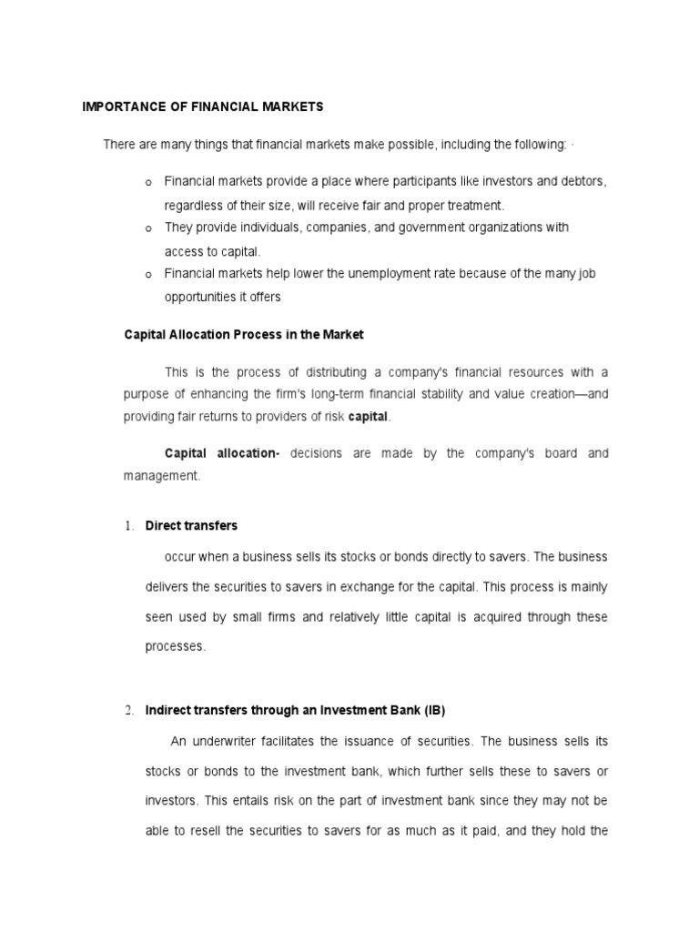 Importance of Financial Markets | PDF | Securities (Finance ...