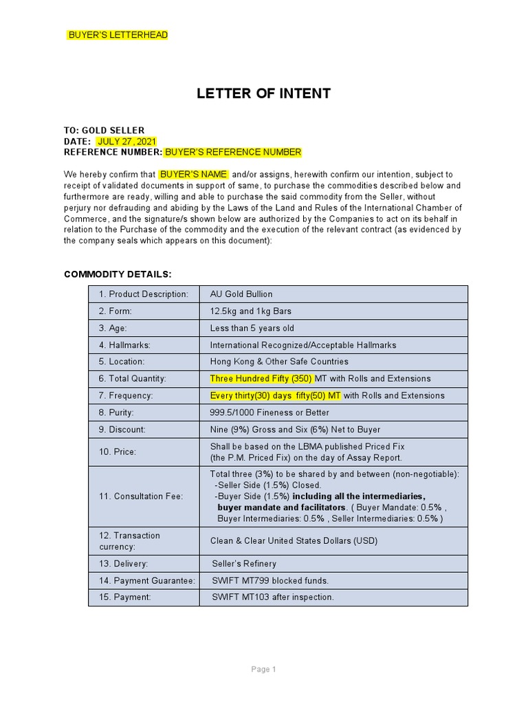 Letter of Intent Gold Purchase | PDF | Financial Transaction | Sales