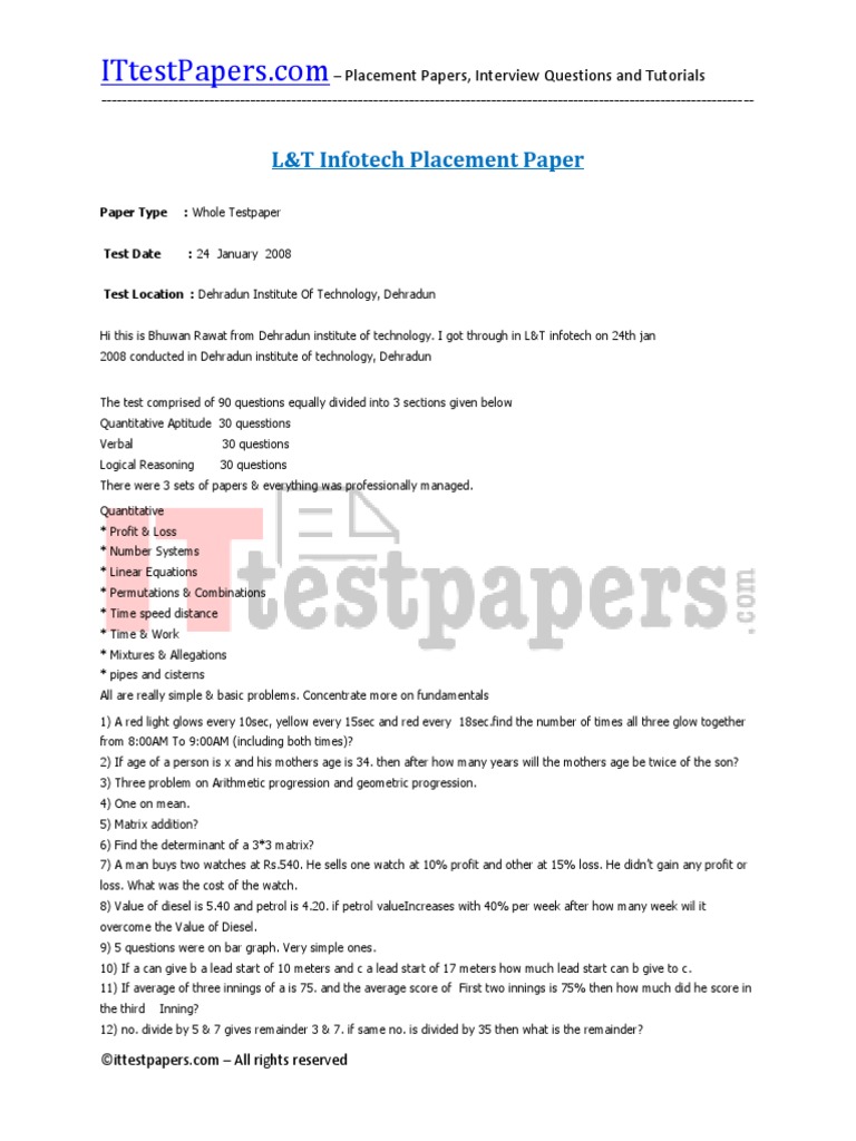 L&T Infotech Placement Paper | PDF | Matrix (Mathematics) | Mathematics L&T Infotech Placement Paper | PDF | Matrix (Mathematics) | Mathematics