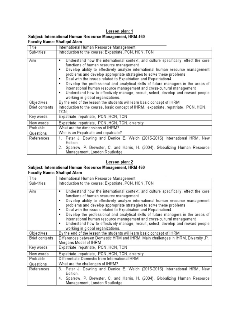 IHRM Lesson Plans | PDF | Human Resource Management | Lesson Plan