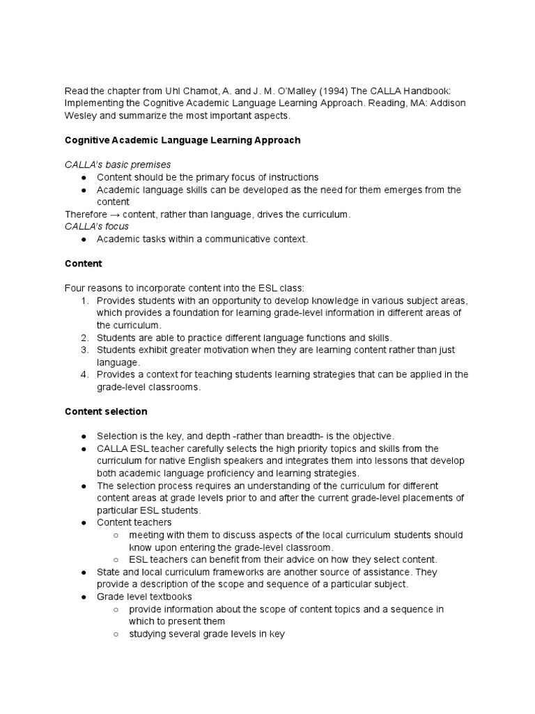Cognitive Academic Language Learning Approach: CALLA's Basic Premises ...
