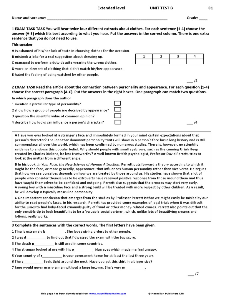 Extended Level Unit Test 1B | PDF