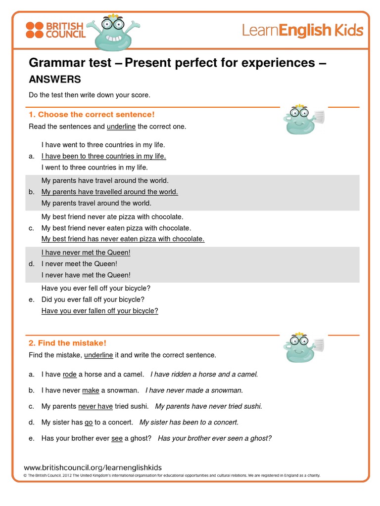 Present Perfect Experience Test | PDF