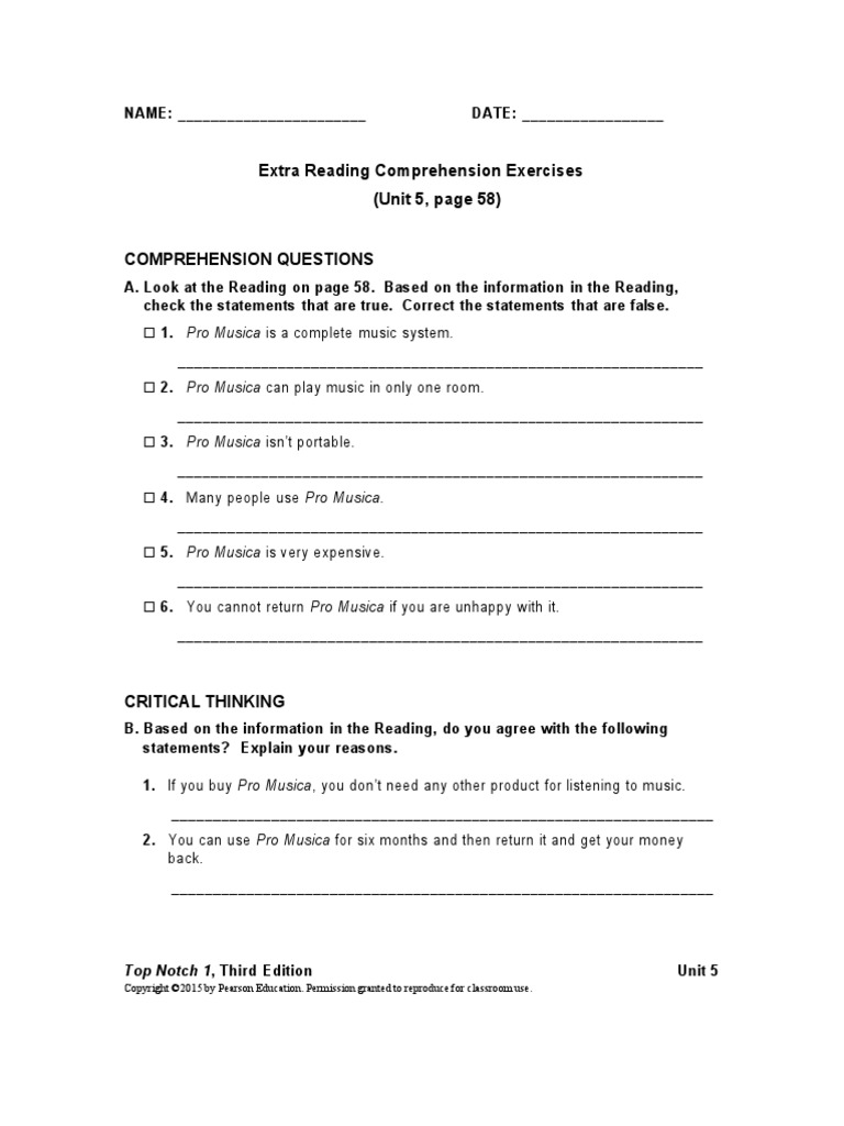Extra Reading Comprehension (Unit 5, Page 58) Exercises: Top Notch 1 ...