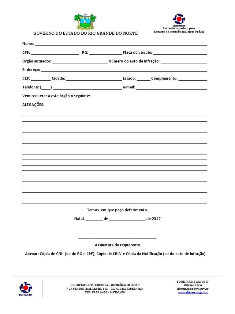 Modelo de Requerimento de Defesa Prévia Detran-Rn | PDF