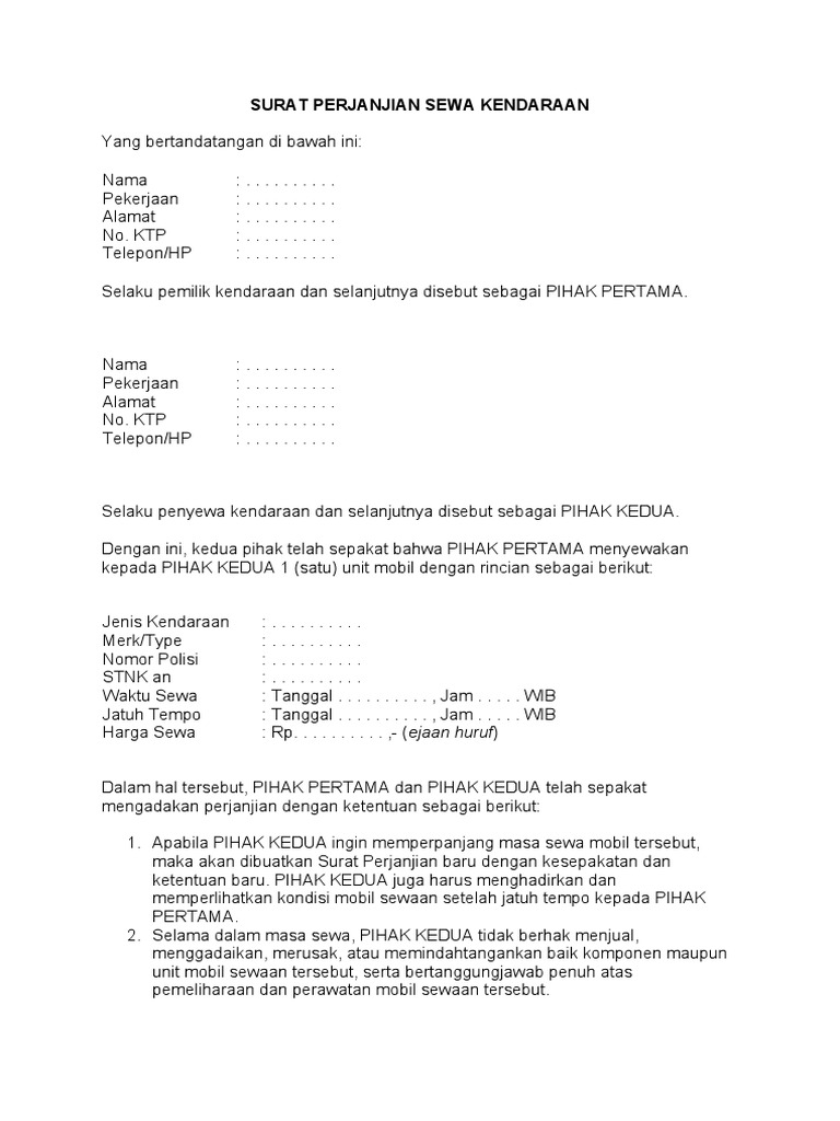 Surat Perjanjian Sewa Kendaraan Pdf
