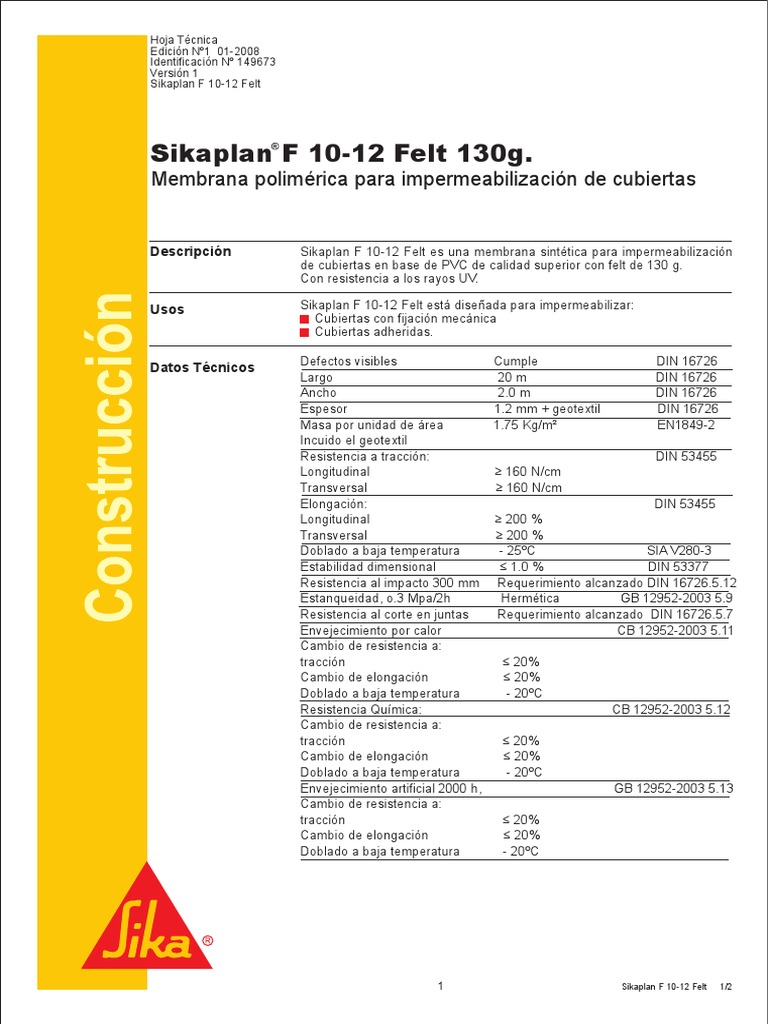 Sikaplan F 10-12 Felt | PDF | Materiales | Química
