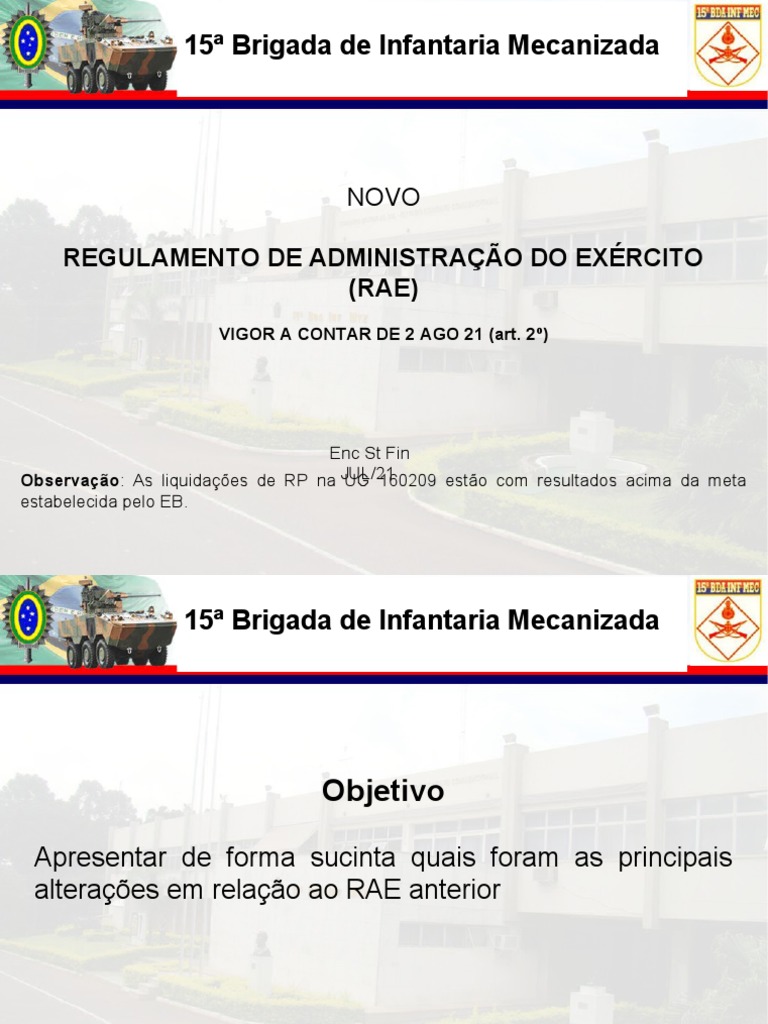 Apresentação Novo RAE - 26 JUL 21 | PDF | Brigada | Contabilidade