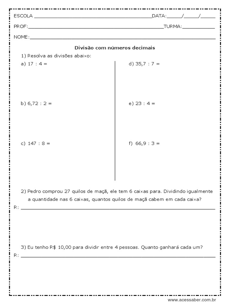 Atividade de Matematica Divisao Com Numeros Decimais 4º Ou 3º Ano | PDF