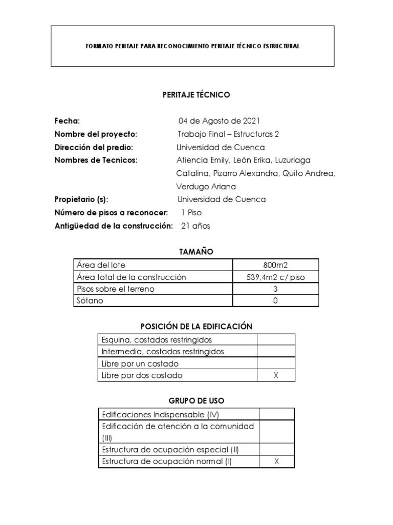 Informe de Peritaje Técnico para Reconocimiento Estructural | PDF ...