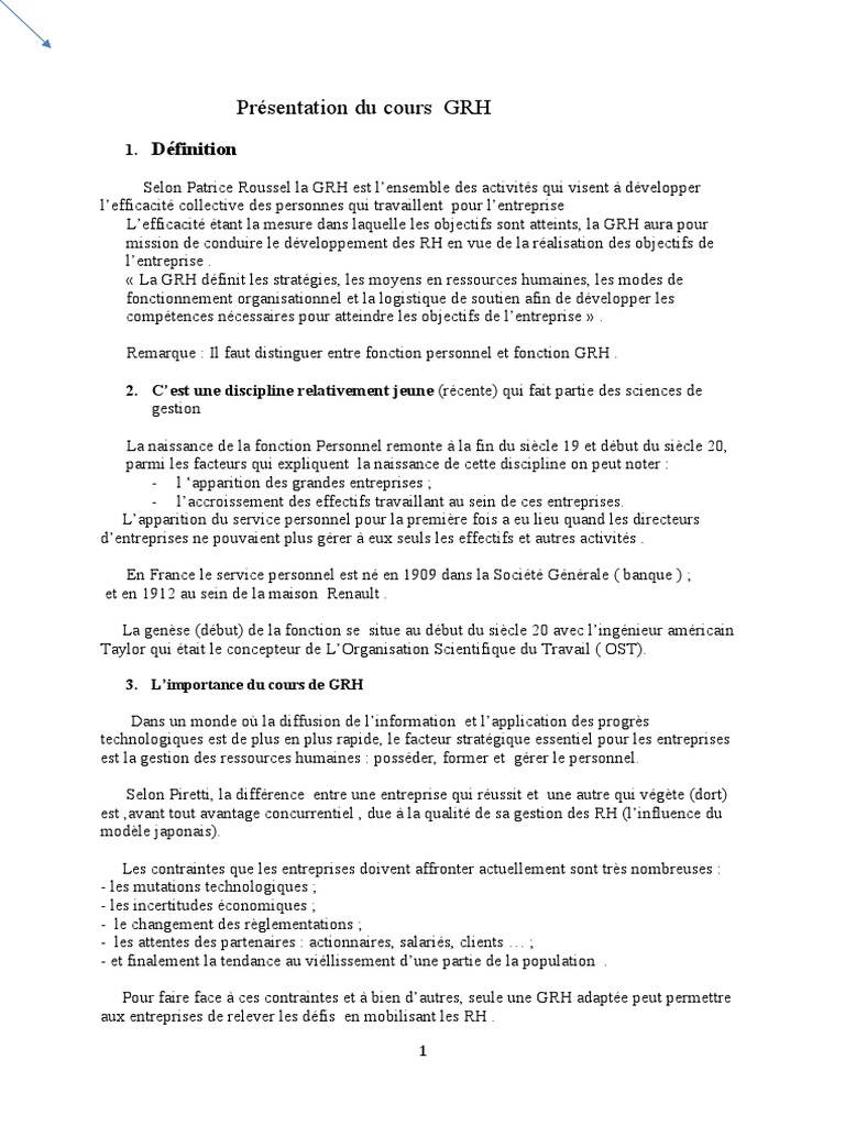 GRH Cours Integral | PDF | Recrutement | Gestion des ressources humaines