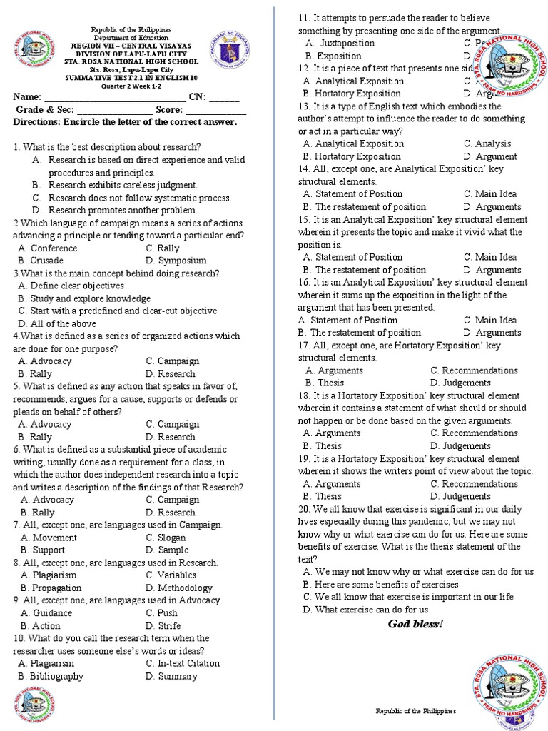 Name: - CN: - Grade & Sec: - Score: - Directions: Encircle The Letter of The Correct Answer ...