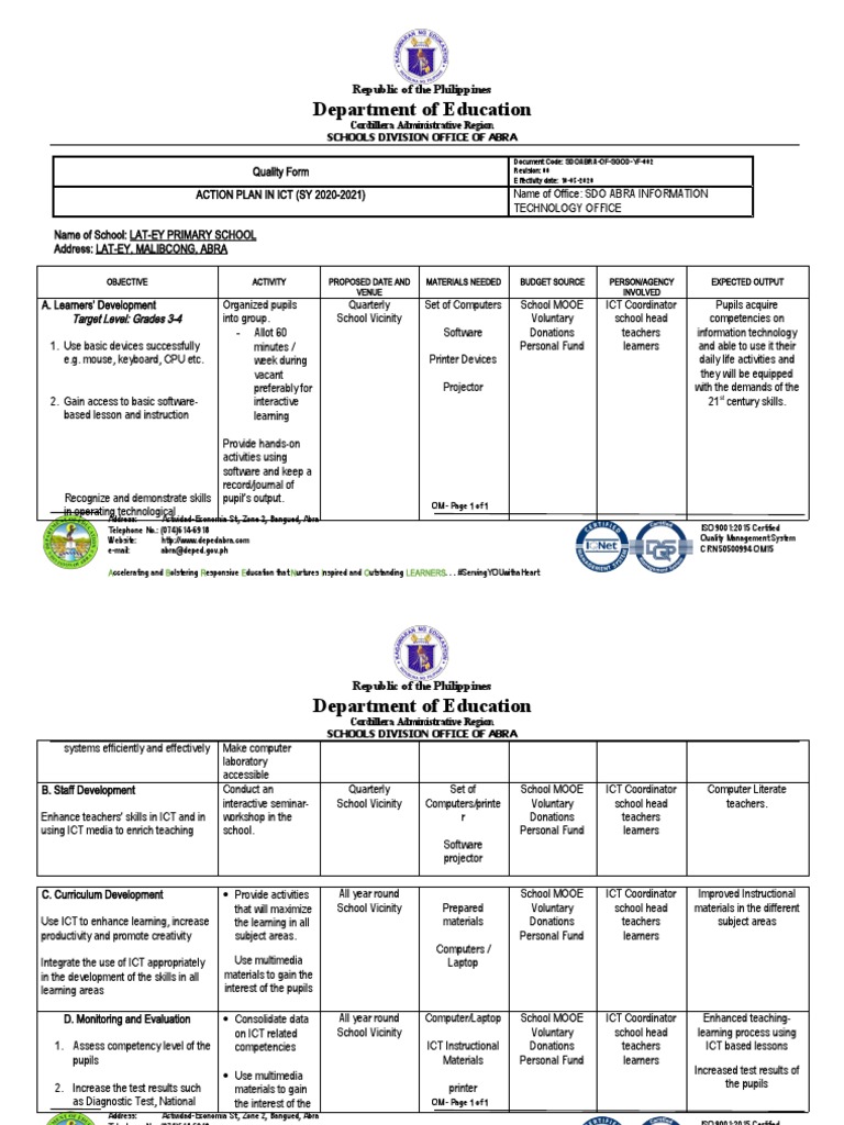 Action Plan in Ict (Sy 2020-2021) Erika Wayaway Lps | PDF | Educational Technology | Teachers