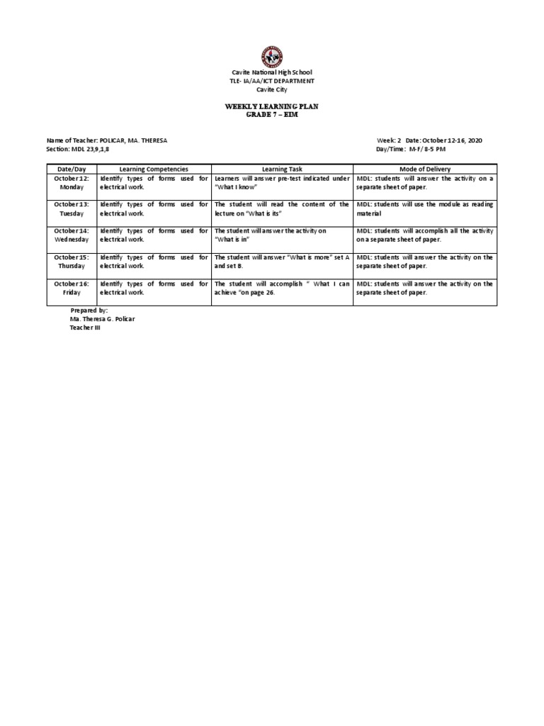 Weekly Learning Plan G7 EIM Week 2 Oct. 12 16 | PDF