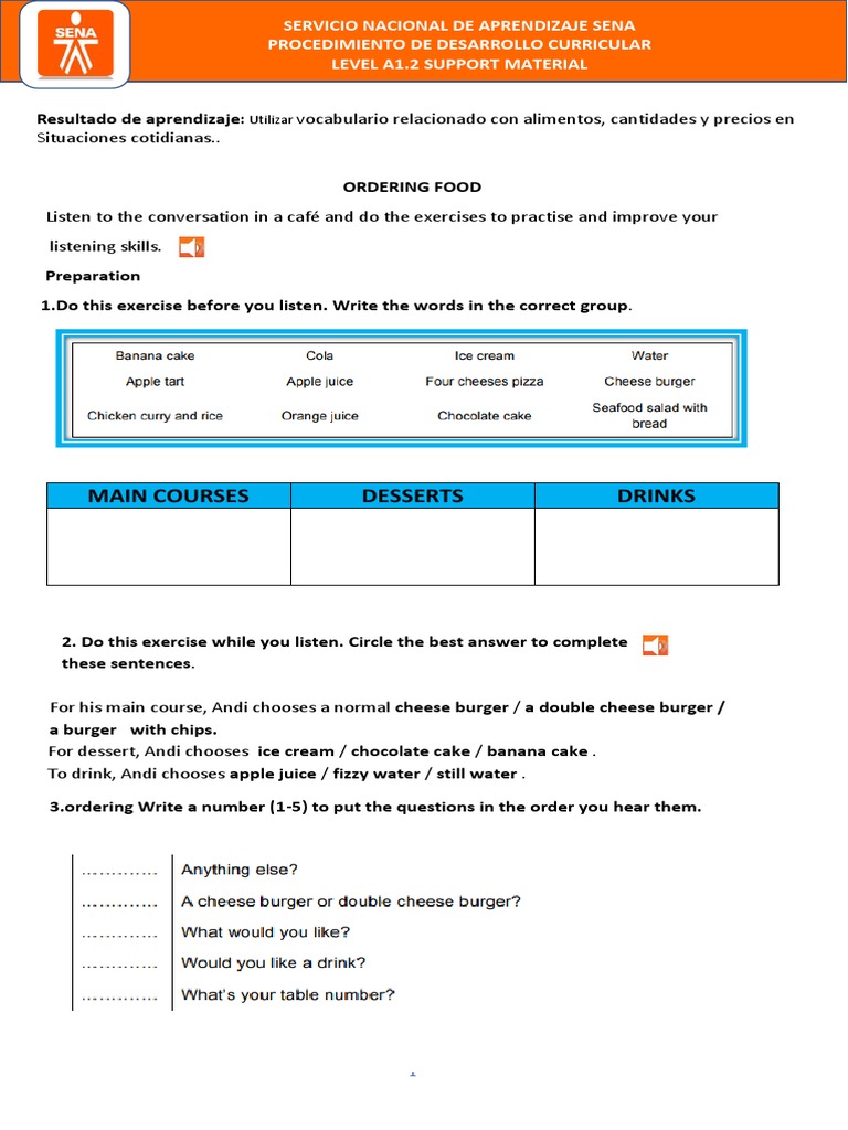 A1.2 Ordering Food | PDF | Cooking, Food & Wine