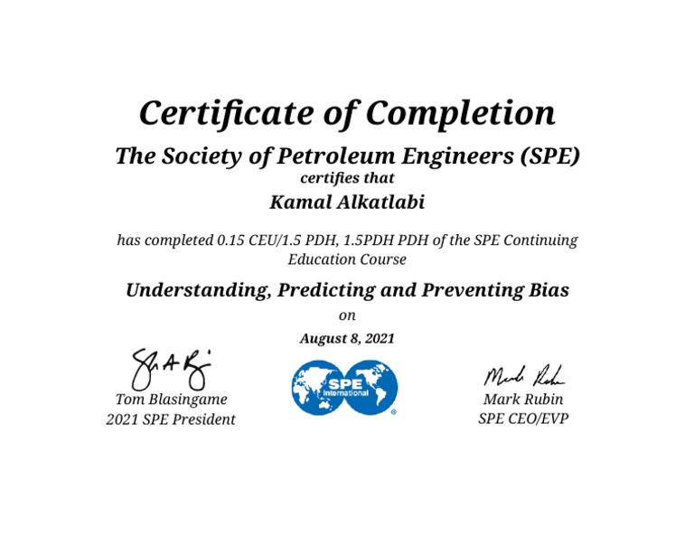 Certificate of Completion: The Society of Petroleum Engineers (SPE) | PDF