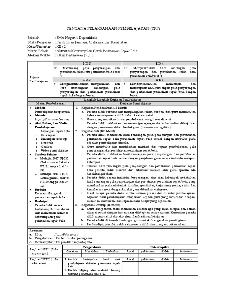 RPP Pjok Kelas Xii Sem 2 | PDF