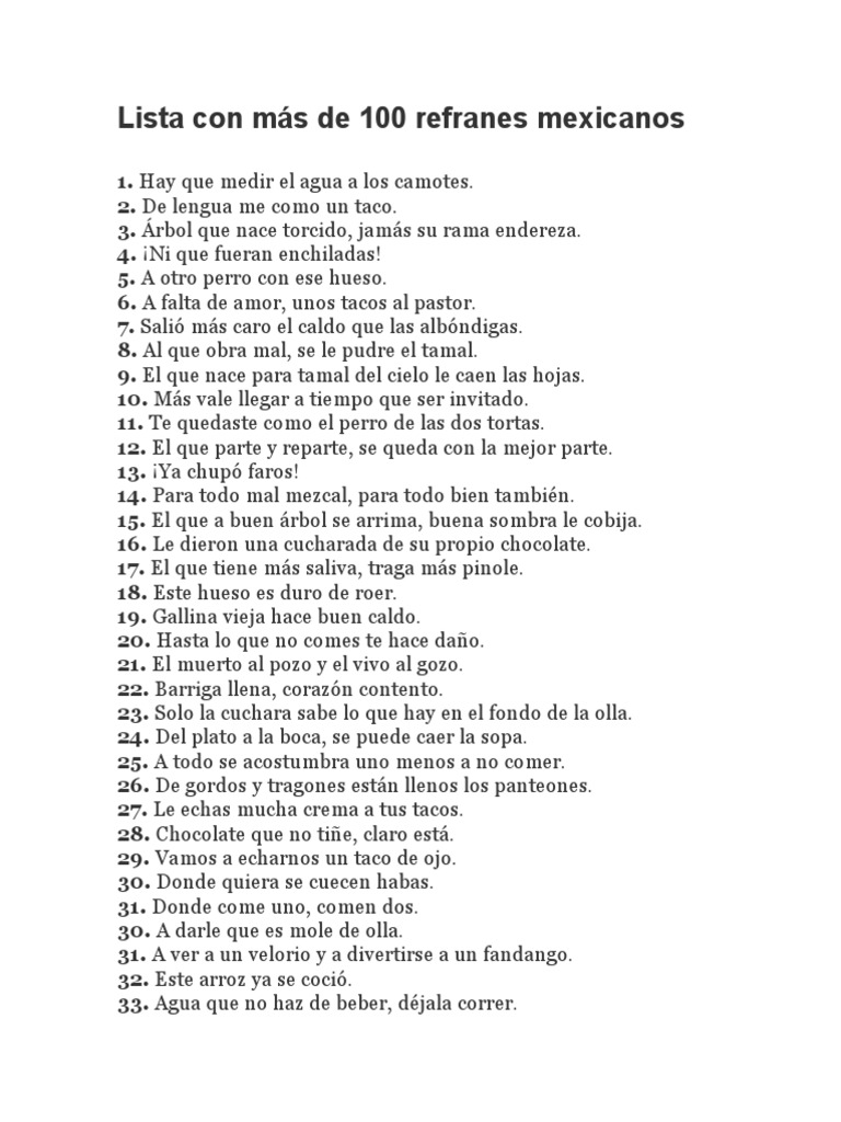 Lista Con Más de 100 Refranes Mexicanos | PDF | Cocina occidental ...