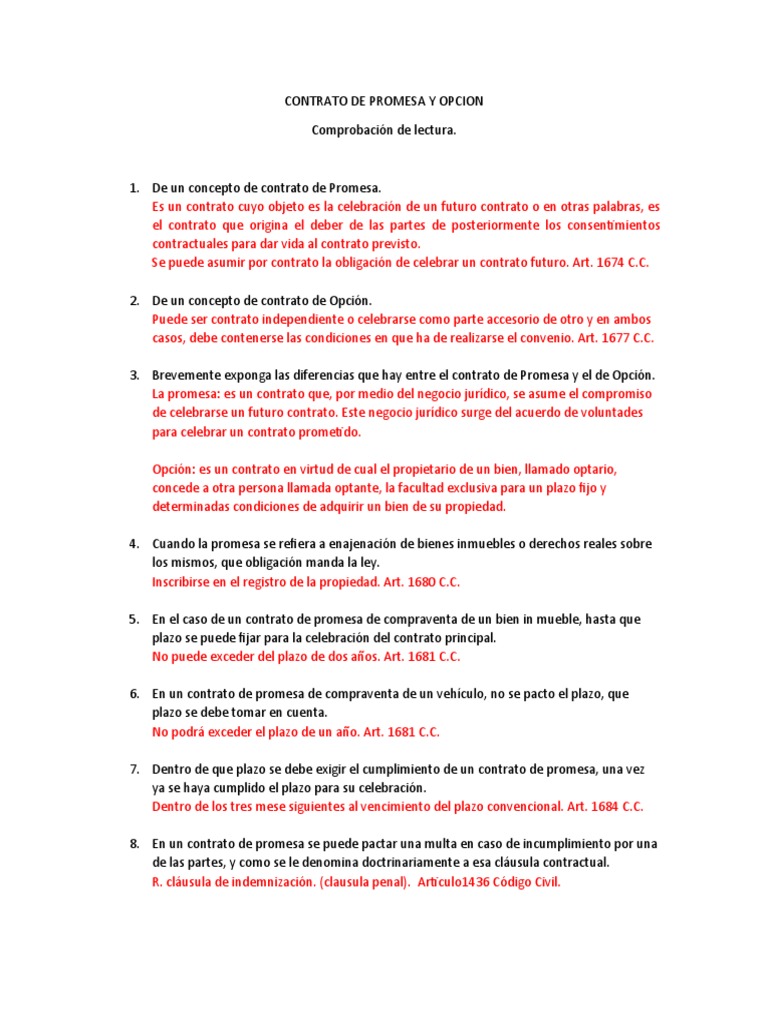 Comrpbacion de Lectura CONTRATO de PROMESA Y OPCION Ulises Serrano | PDF | Conceptos legales ...