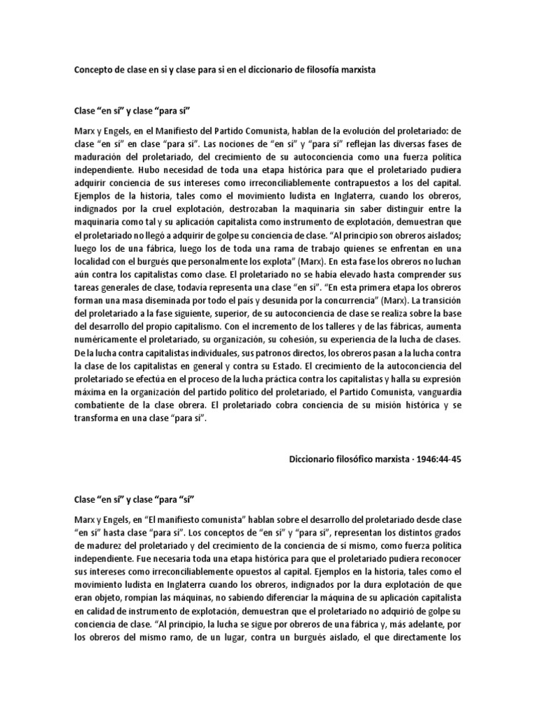 Concepto de clase en si y clase para si en el diccionario de filosofía ...