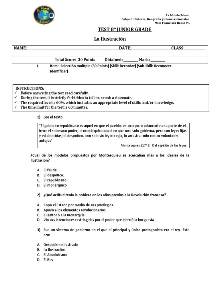 Prueba Ilustración 8vo | PDF | Era de iluminacion | Separación de poderes