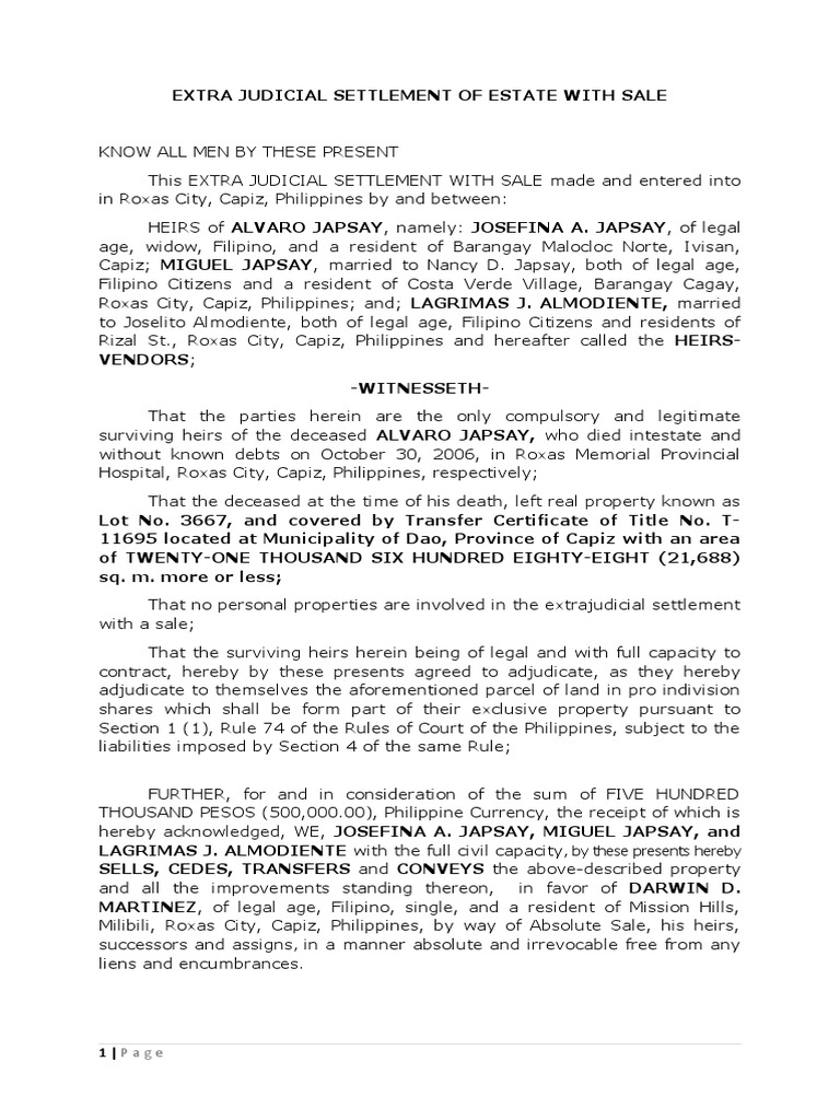Extrajudicial-Settlement of Estate With Sale JAPSAY | PDF | Philippines ...