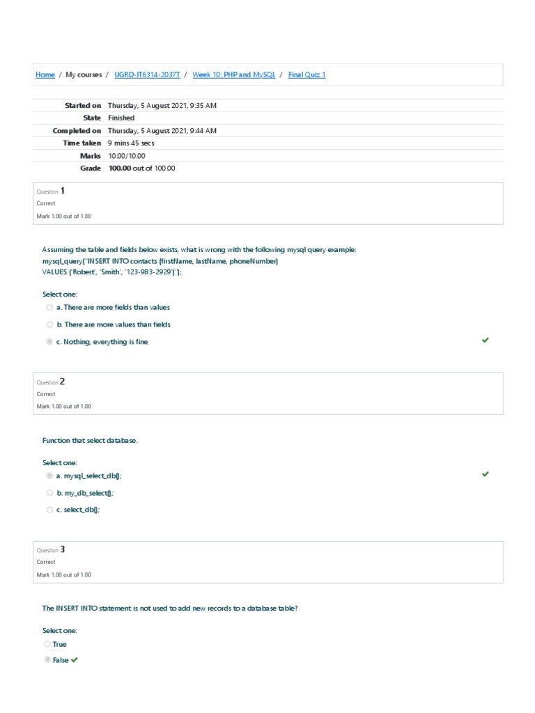 PHP & MySQL Quiz Results | PDF | Databases | Application Software