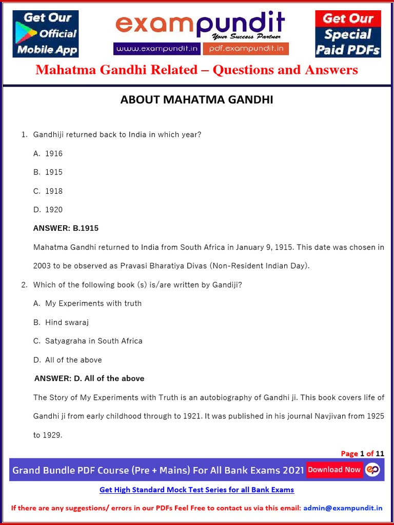 Mahatma Gandhi Related Questions and Answers PDF | Download Free PDF ...