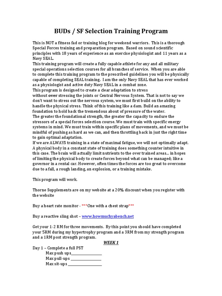 Buds / SF Selection Training Program: Week 1 | PDF | Stress (Biology ...