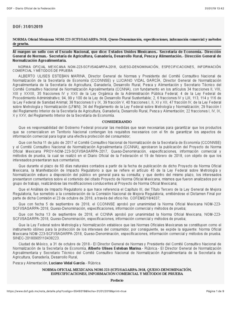 NOM 223 SCFI SAGARPA 2018 - Queso | PDF | Leche | Queso