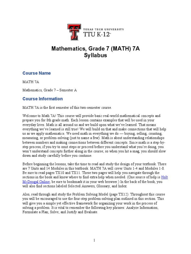 Mathematics, Grade 7 (MATH) 7A Syllabus: Course Name | Download Free ...