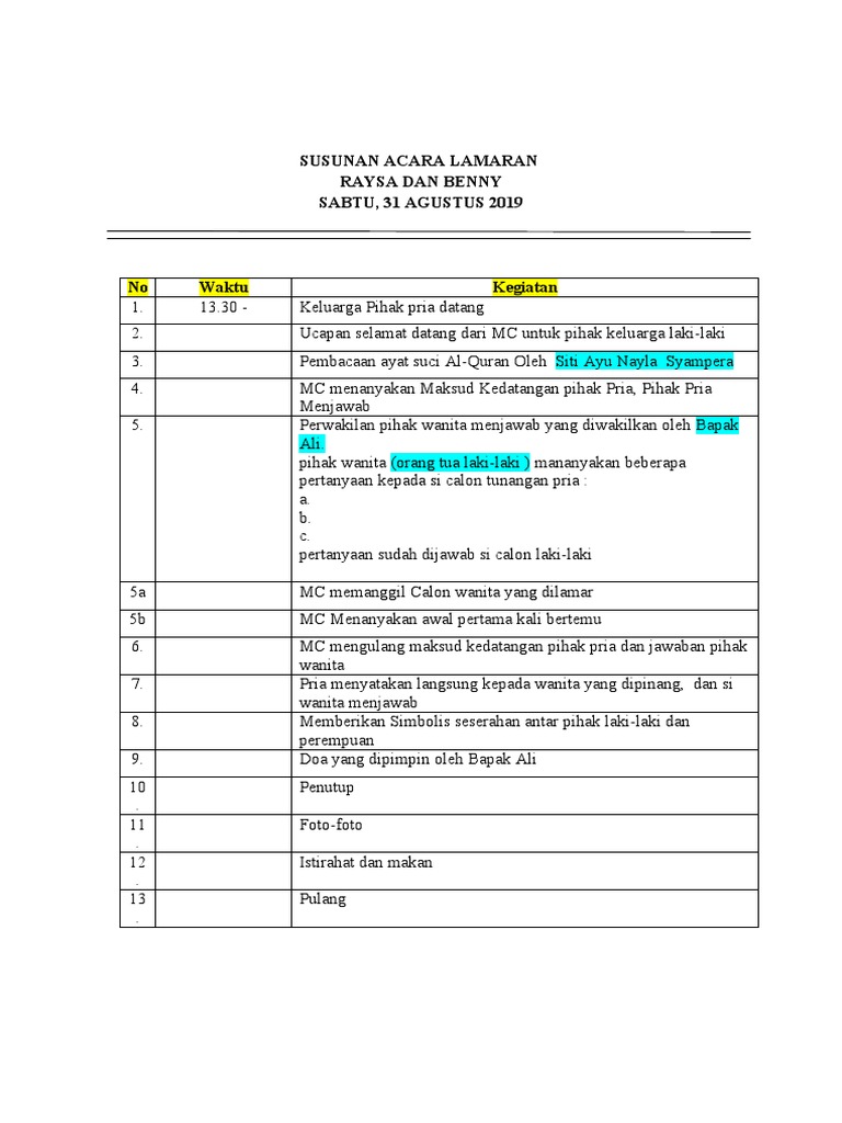 Rundown Acara Lamaran Raysa & Benny | PDF