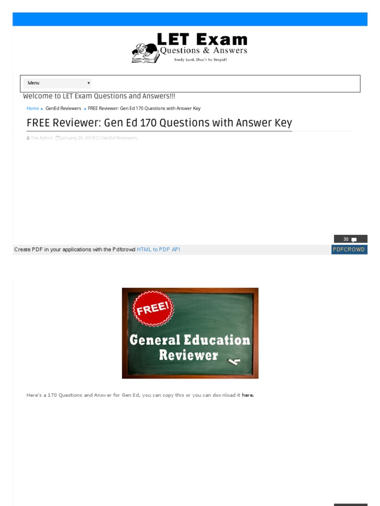 FREE Reviewer: Gen Ed 170 Questions With Answer Key: Welcome To LET ...