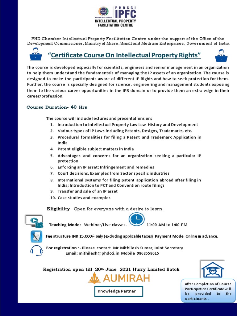 Short Term Certificate Course On IPR | PDF | Intellectual Property | Patent