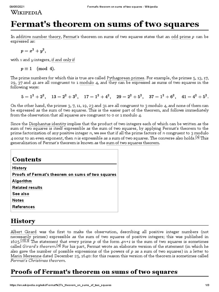 Fermat's Theorem On Sums of Two Squares - Wikipedia | PDF | Mathematics | Number Theory