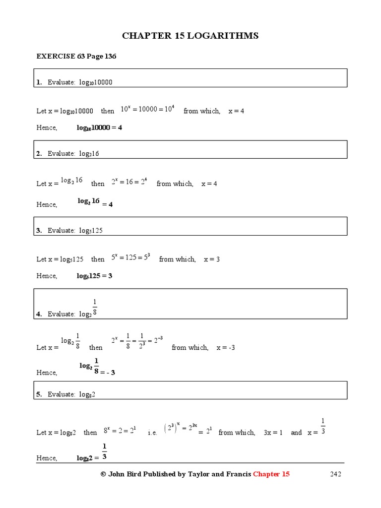 Chapter 15 Logarithms: EXERCISE 63 Page 136 | PDF | Logarithm | Numbers