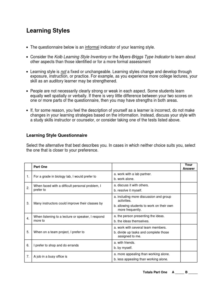 Learning Styles Self Assessment | PDF | Learning Styles | Learning