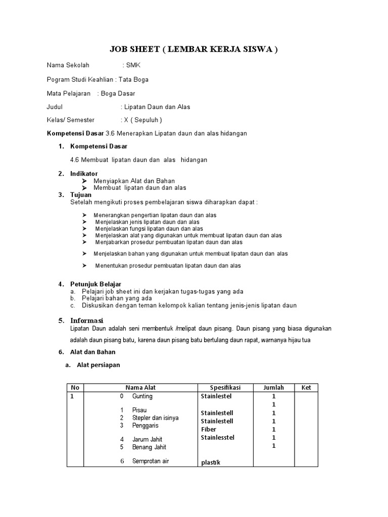 Jobsheet Lipatan Daun Tata Boga | PDF | Griya & Taman