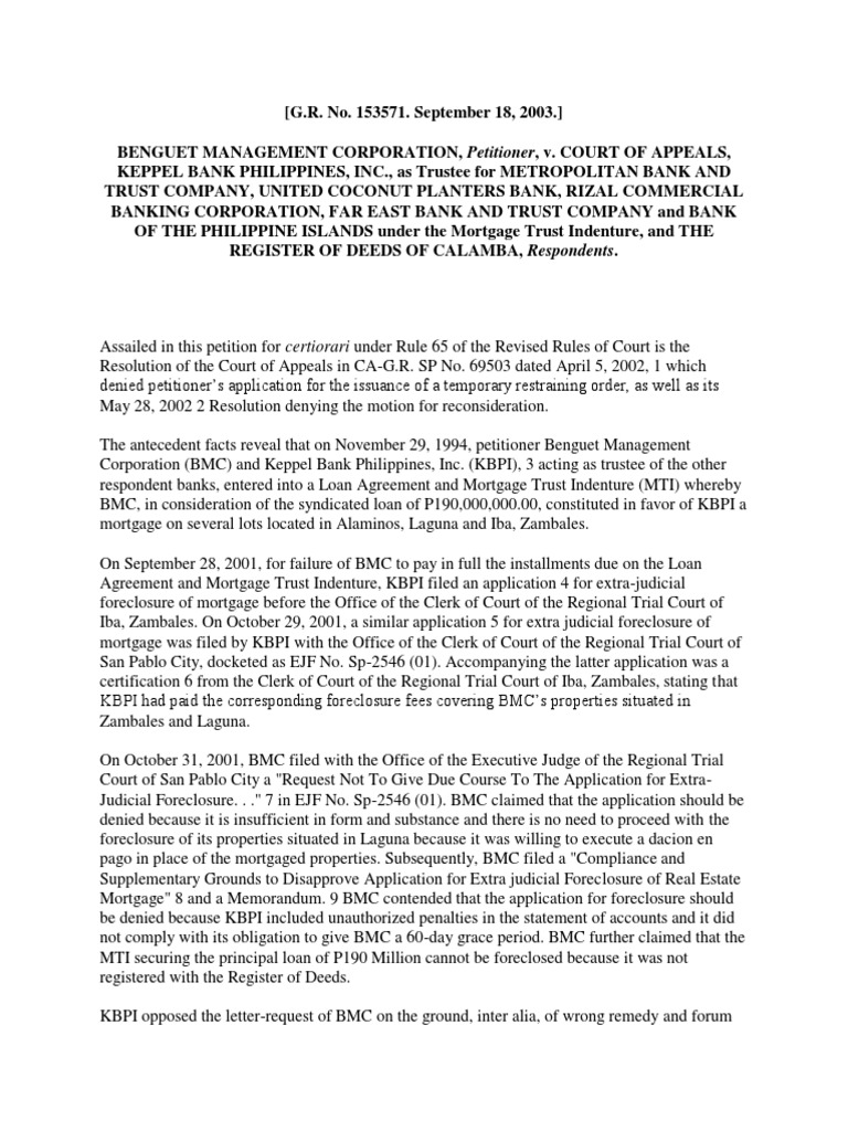 Benguet Management Vs Keppel Bank | PDF | Foreclosure | Mortgage Law