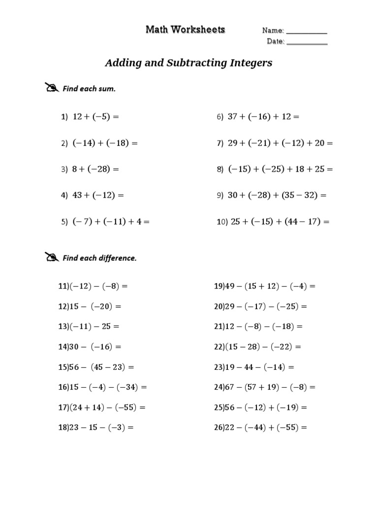 Adding and Subtracting Integers: Math Worksheets | PDF | Mathematics ...